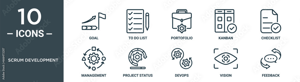 scrum development outline icon set includes thin line goal, to do list, portofolio, kanban ...