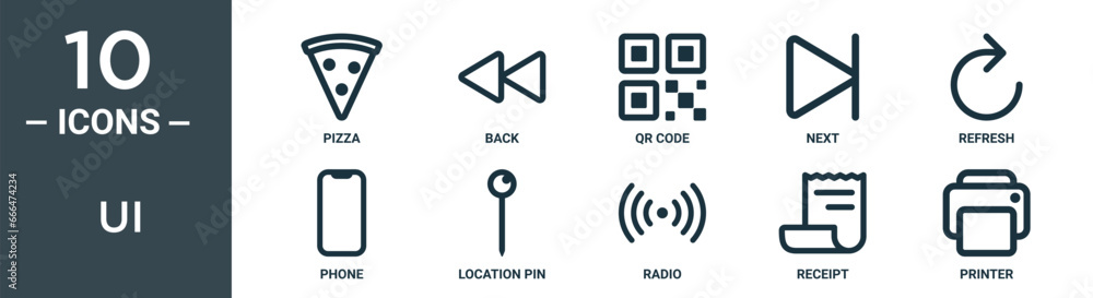 ui outline icon set includes thin line pizza, back, qr code, next ...