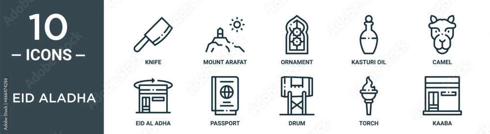 eid aladha outline icon set includes thin line knife, mount arafat ...