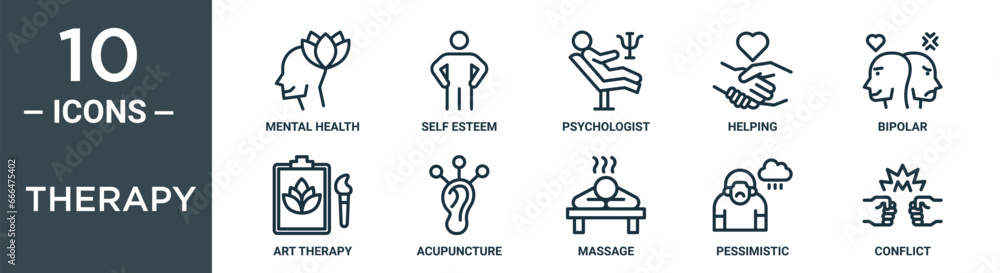 therapy outline icon set includes thin line mental health, self esteem ...
