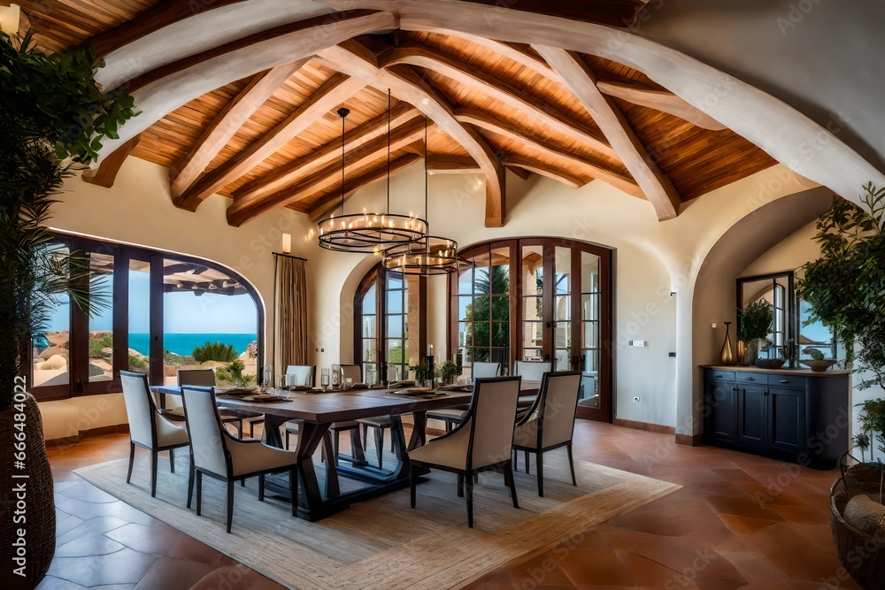 Coastal, mediterranean home interior design of modern dining room with ...