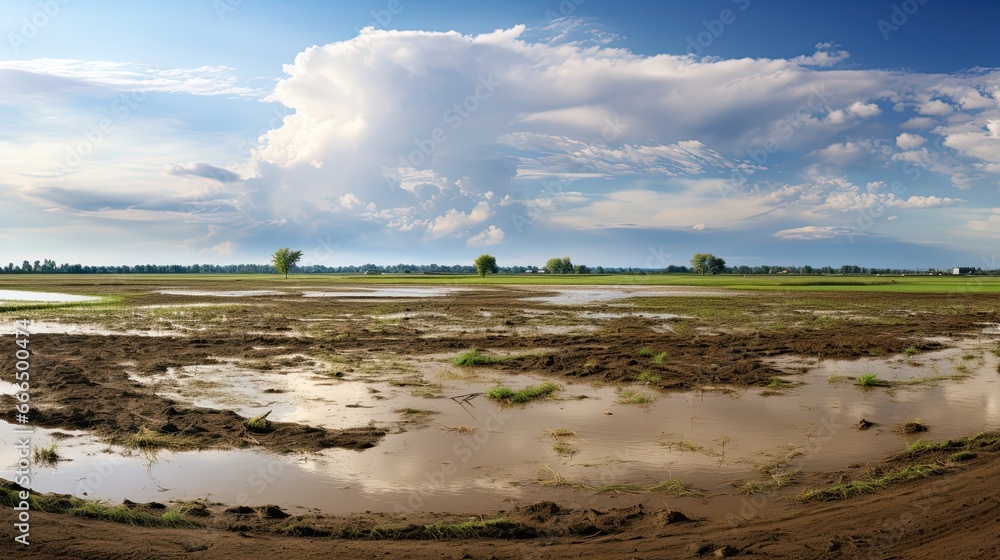 Rural Overflow: Show a panoramic view of farmland after a flood, with ...