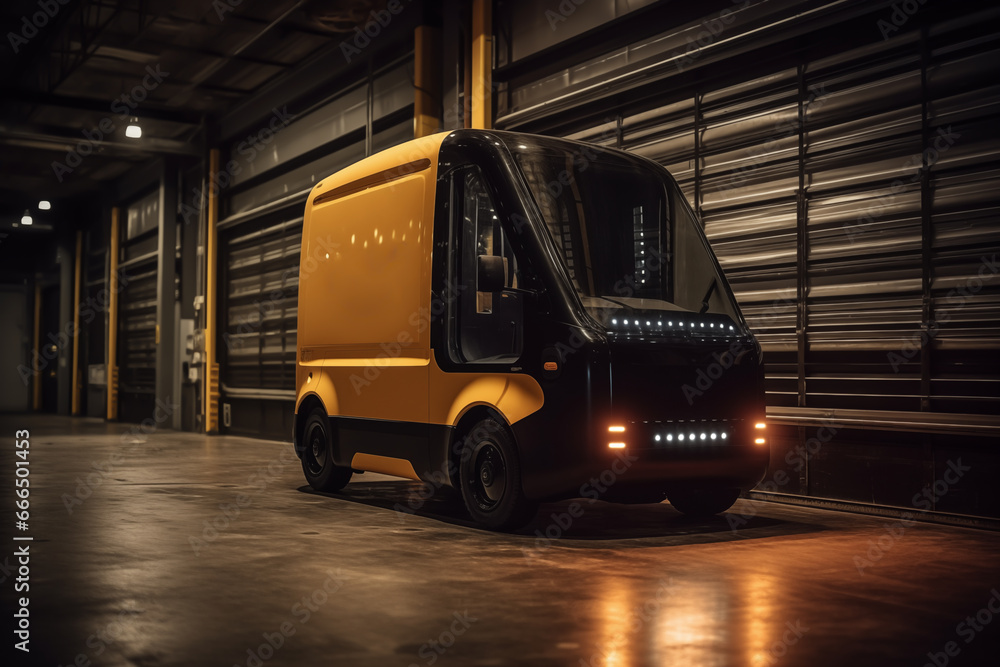Delivery van. Self-driving Electric Van Delivering in warehouse ...