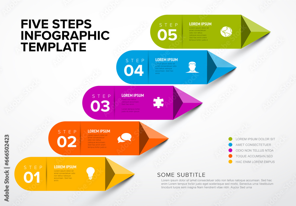 Simple light infographic with title and five diagonal steps on solid ...