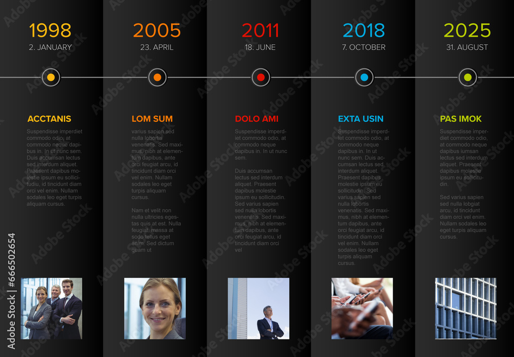 Simple dark horizontal timeline template on white folded paper with ...