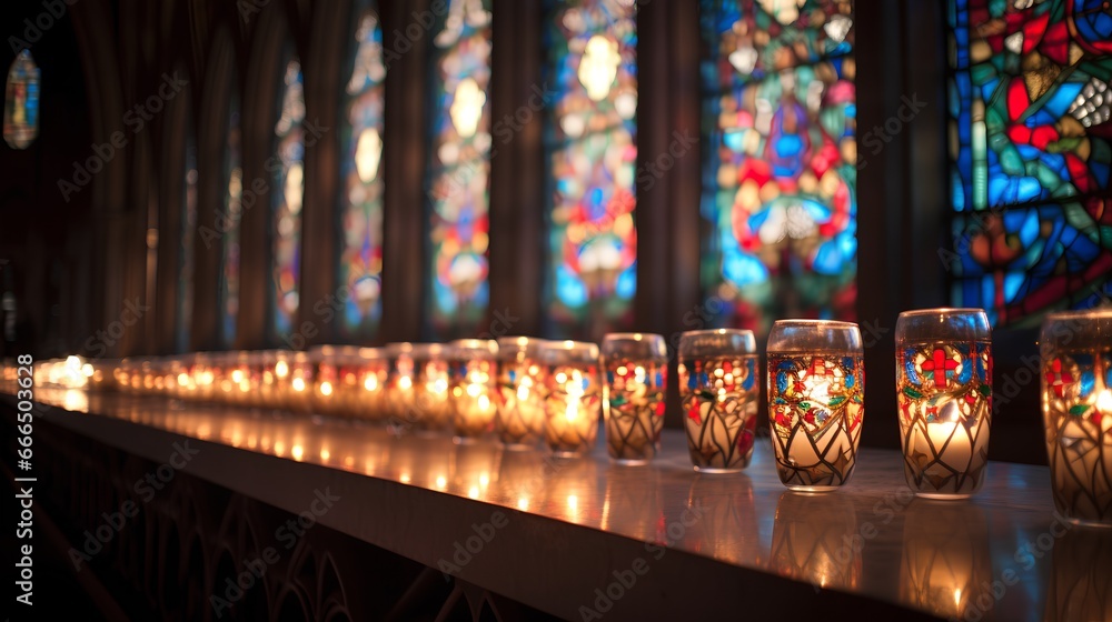 Candles in church with altar in background. Beautiful catholic or ...