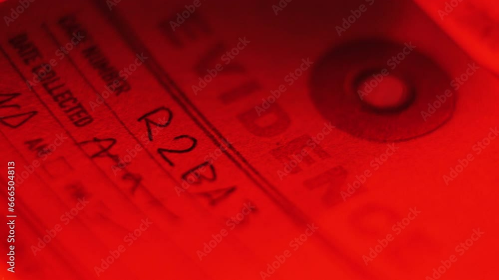 Cinematic Red Vintage Shot of Evidence Labels Map and Location of ...