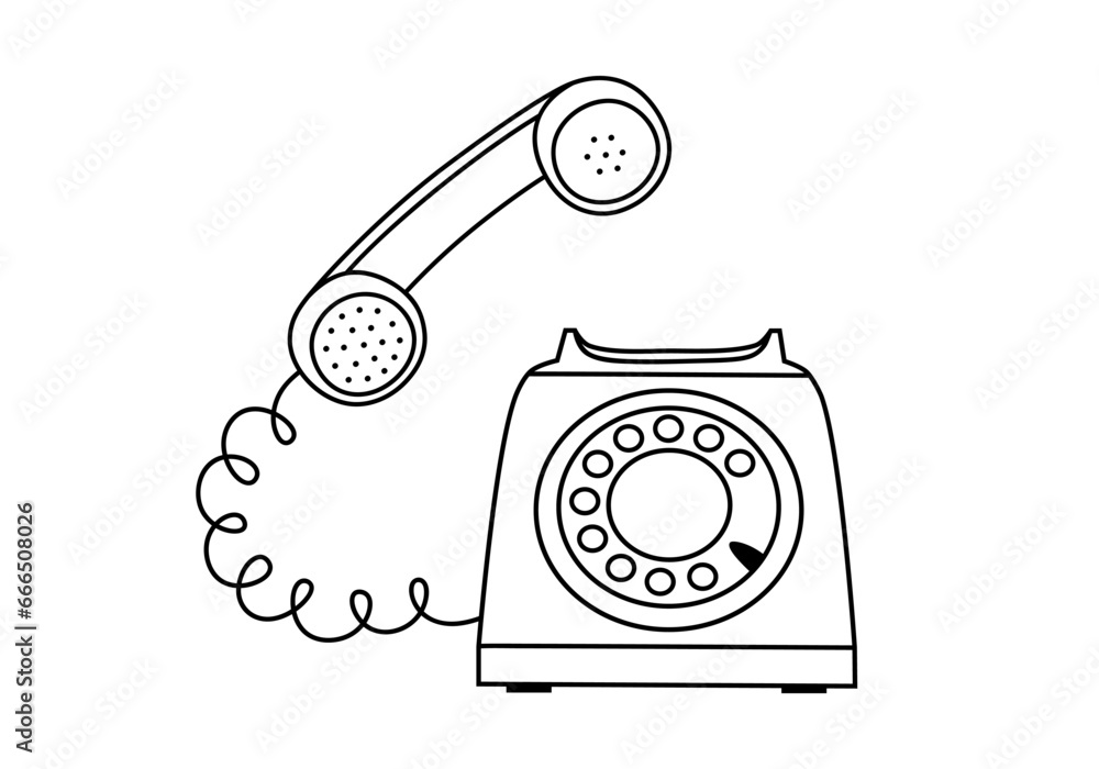 Hand drawn cute outline illustration of blue retro wired phone. Flat ...