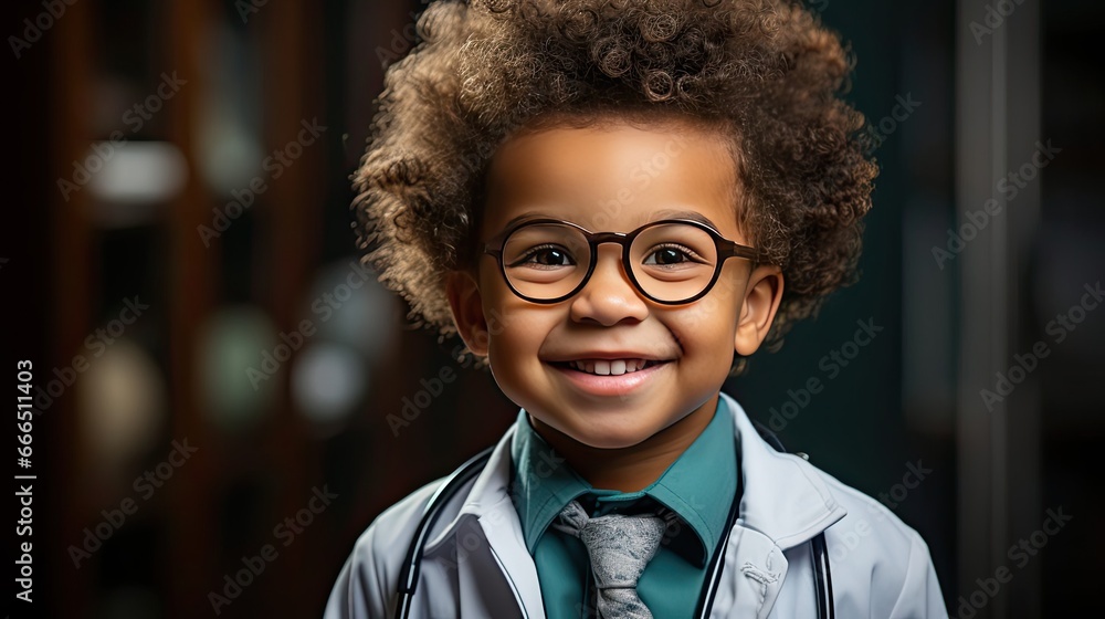 Cute small african american kid boy wear medical uniform glasses ...