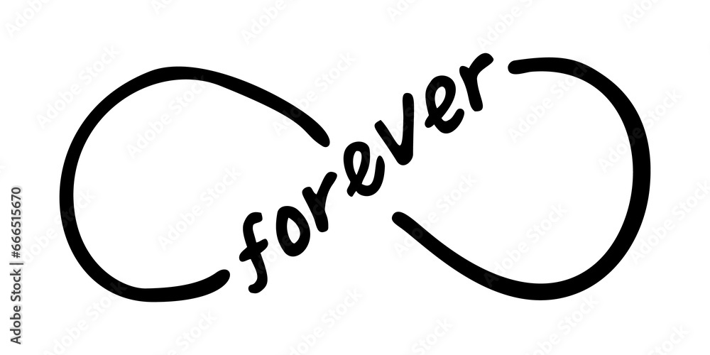 Infinity symbol with word forever, hand drawn with ink brush. Thin line ...