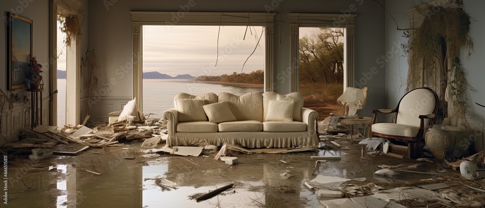 Photograph a flooded living room, furniture floating and personal ...
