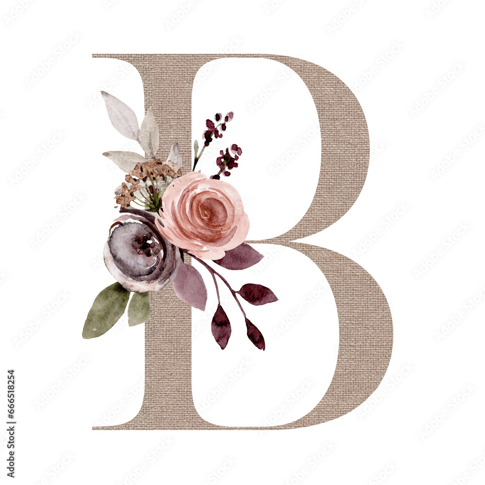 Floral alphabet, letter B linen texture with watercolor flowers and ...