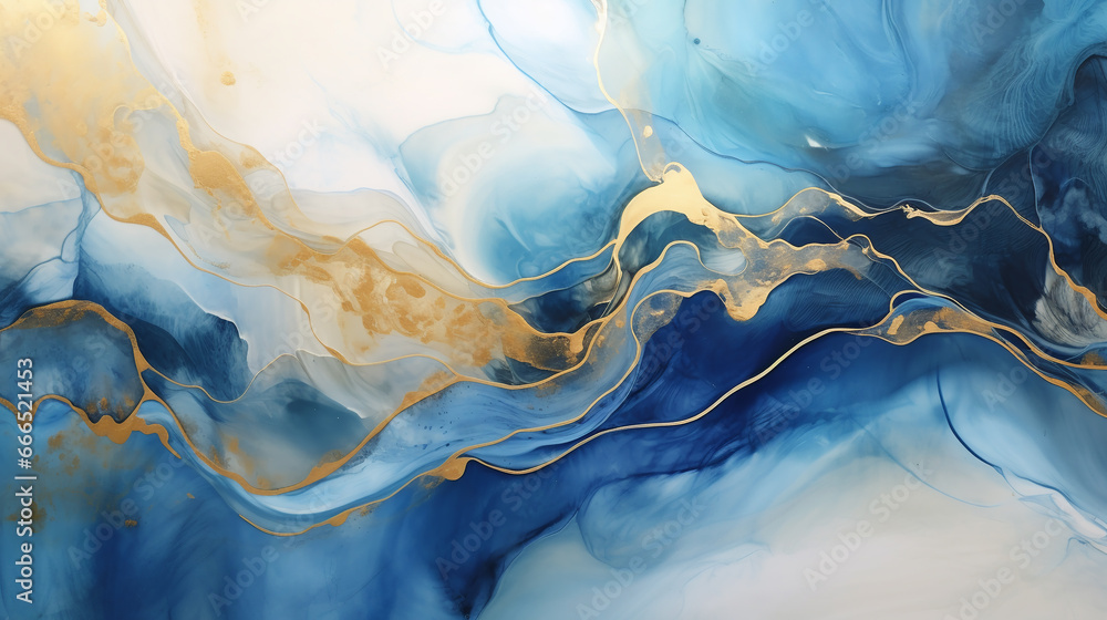 Marble abstract acrylic painting. Blue and gold colors. Liquid marble ...