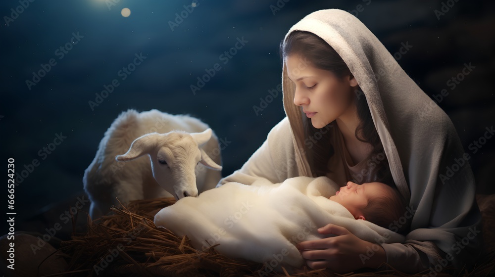 Bible scene with the Virgin Mary and newborn Jesus Christ in a humble ...