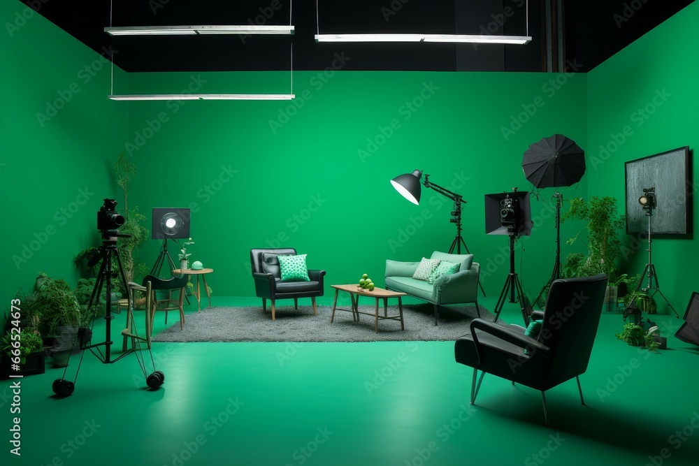 Chroma key compositing green backdrop. Video virtual television media ...
