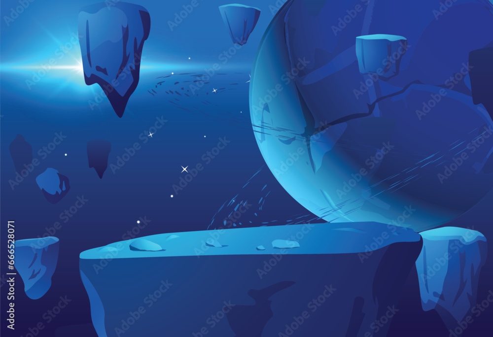 Space landscape, rocks and planets, vector background, flat cartoon ...