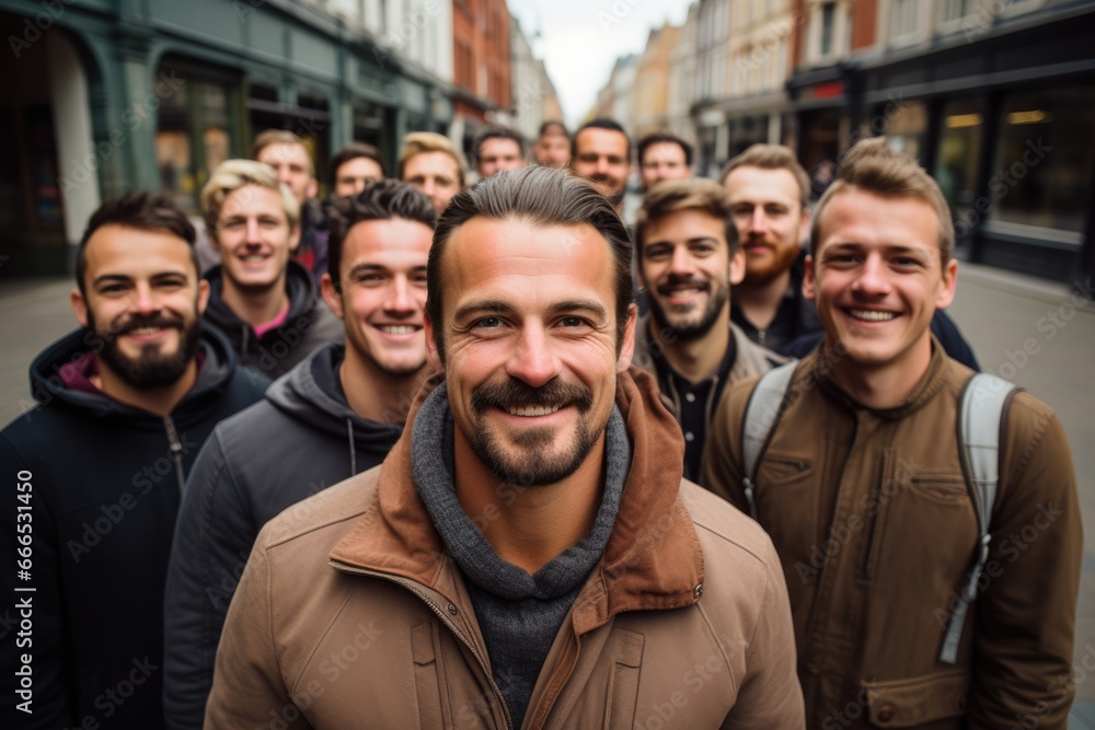 Large group of men participating in Movember charity walk in city Stock ...