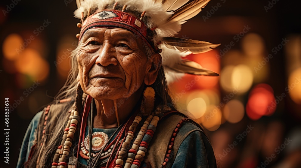Native American tribal chief in traditional ceremonial regalia ...