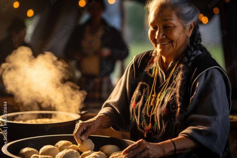 Native American woman cooking traditional cornbread for Heritage Month ...