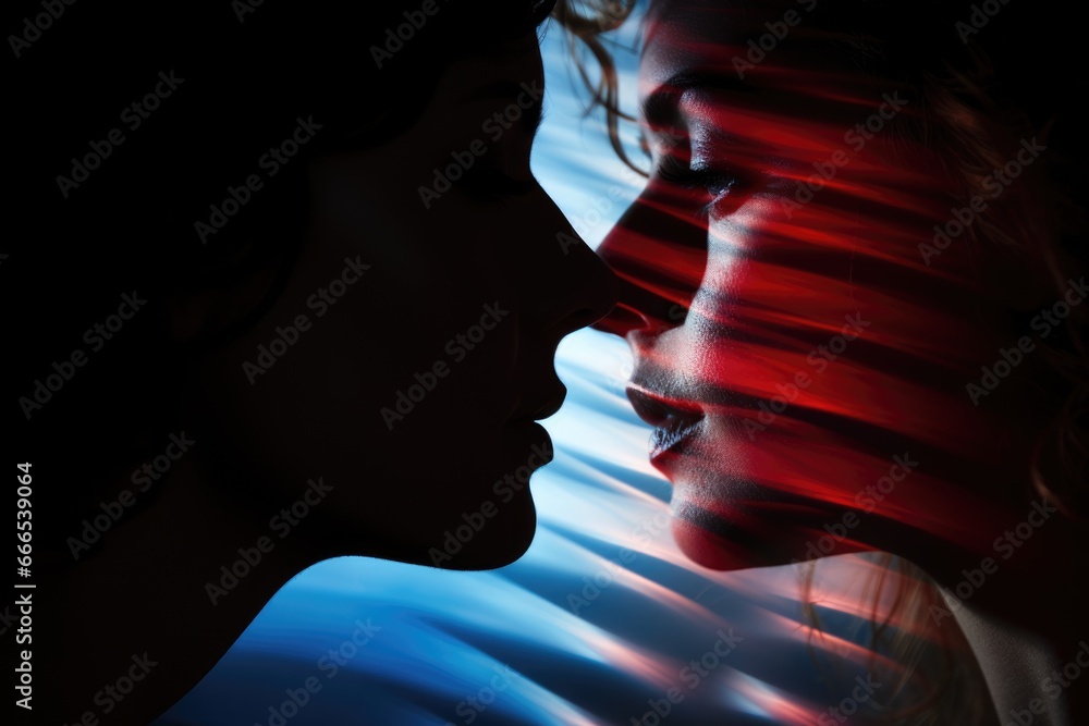 Dramatic close-up portrait of a woman with wavy artistic light and ...