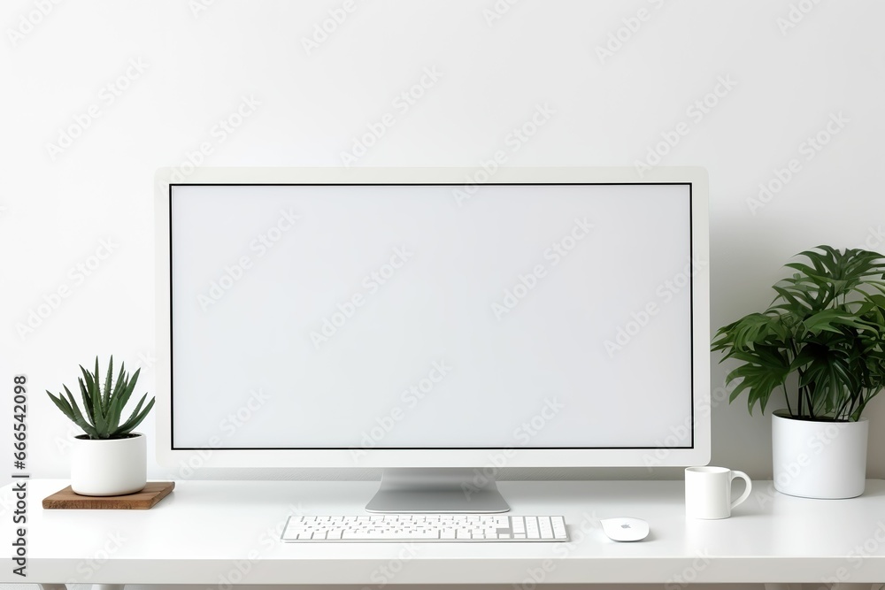 Modern personal computer with blank white screen on desk at workplace ...