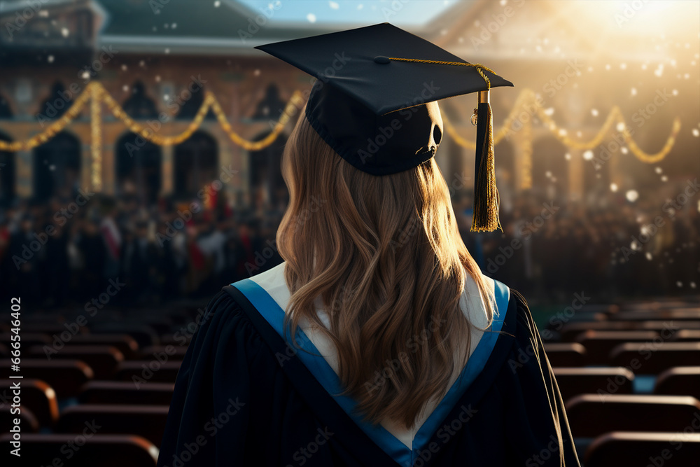 Back view of girl wearing cap and gown at graduation ceremony, blurred ...
