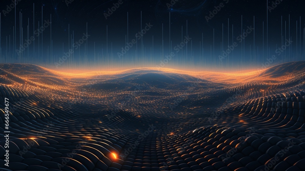 Foto de Electromagnetic waves cascading through a field of geometric nodes, creating a ...