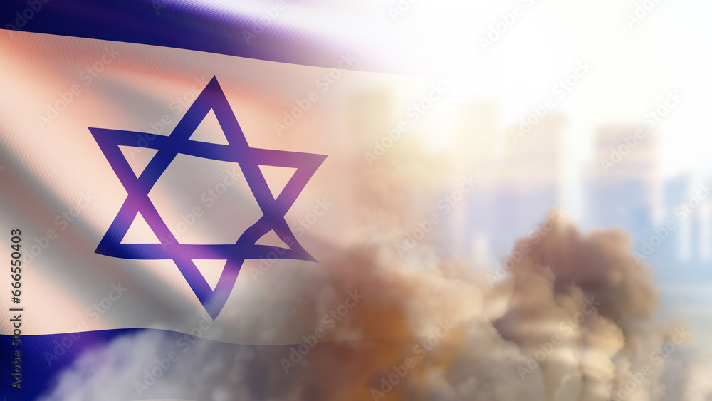 Israel flag. Smoke near city buildings. National symbol in Israel ...
