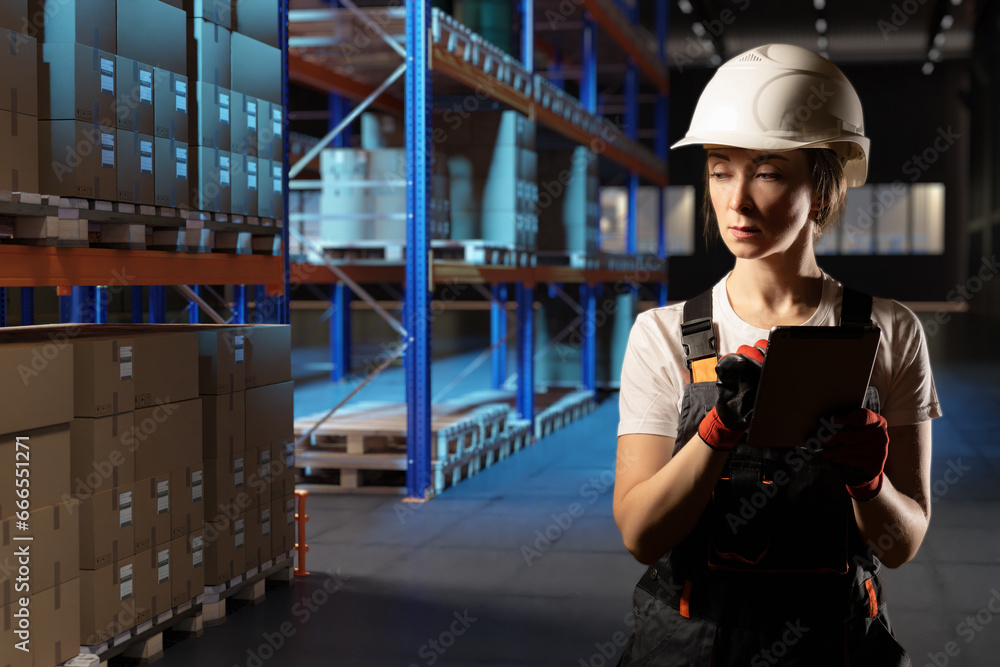 Foto de Woman storekeeper. Warehouse with boxes on pallets. Girl in ...