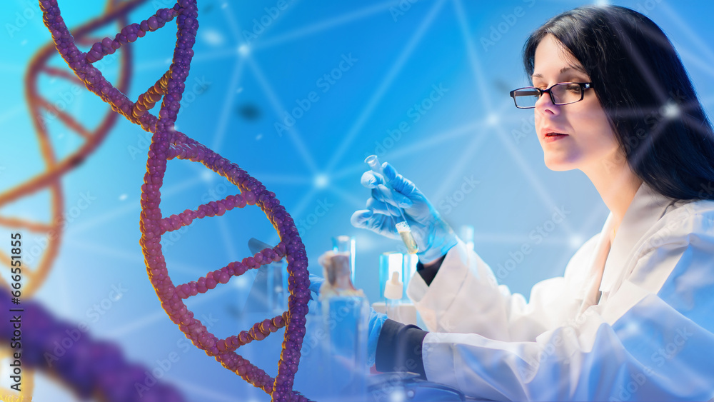 Woman is geneticist. DNA chain near girl. Laboratory technician studies ...