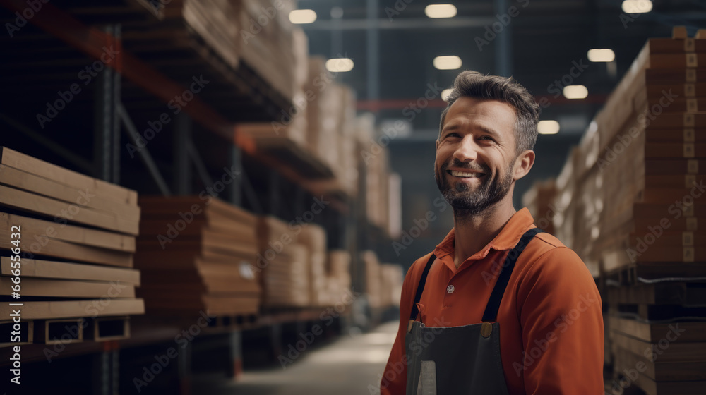 Confident friendly man working in a warehouse in a building materials ...