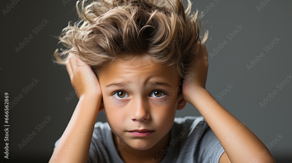 Little boy itchy his hair, head lice problem at children. Stock Photo ...