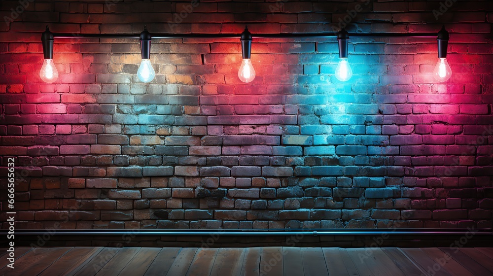 Red and blue neon light on brick wall. Brick wall background. Lighting ...