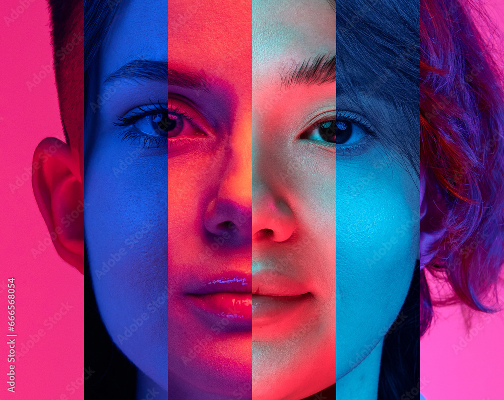 Human face made of portraits placed in narrow stripes of different ...