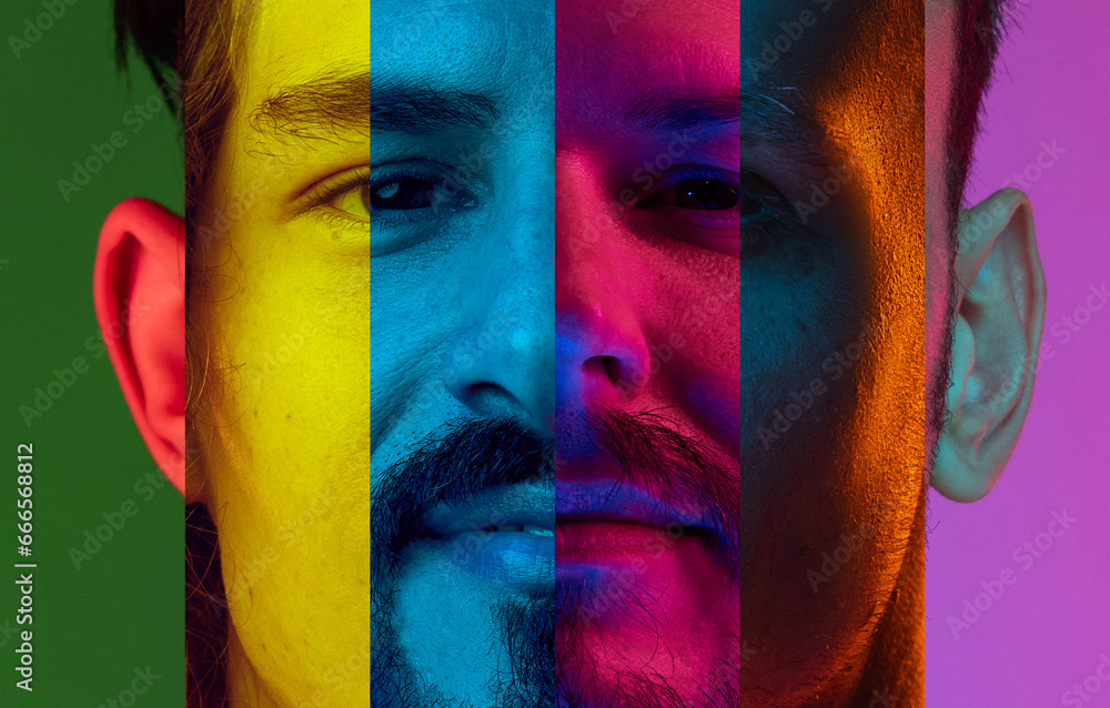 Male face made with different portraits placed in narrow stripes ...