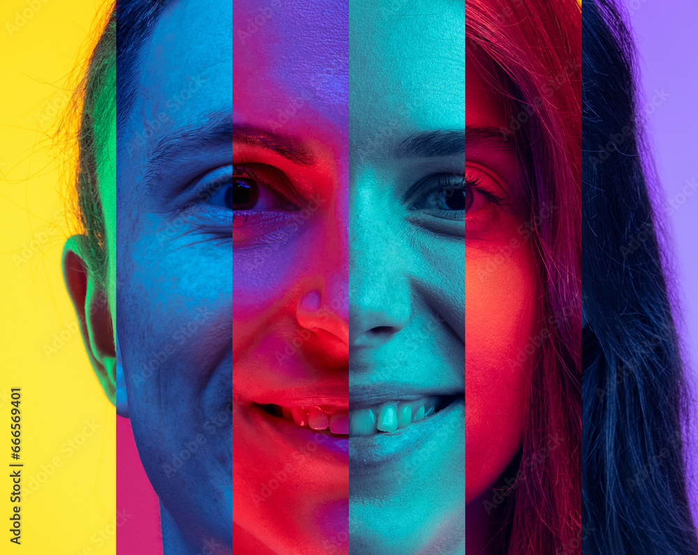 Human face made of portraits of different people, of diverse age ...