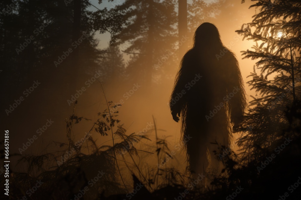Sasquatch silhouette sighted in dense woodland at the break of dawn ...