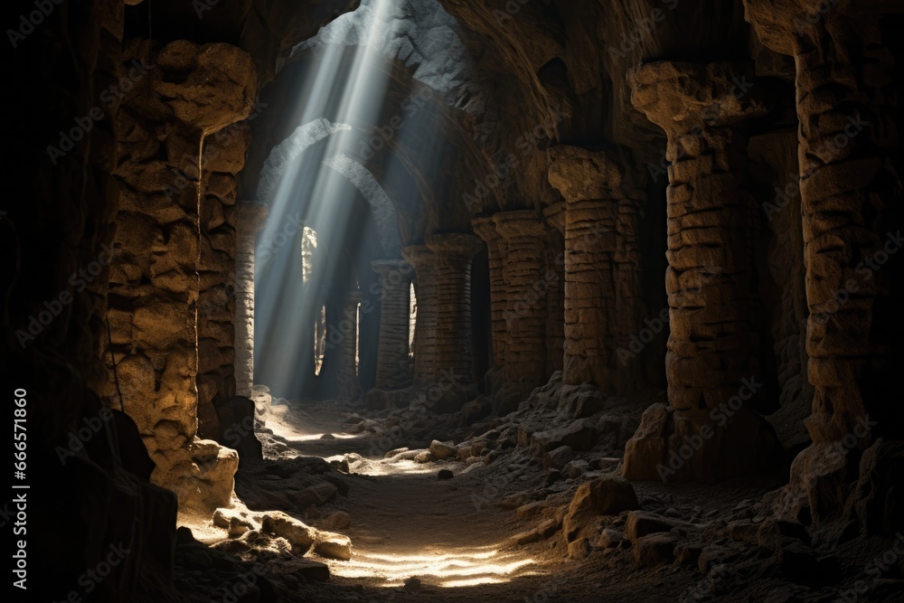 Ethereal shadows creeping in ancient labyrinth-like underground ...