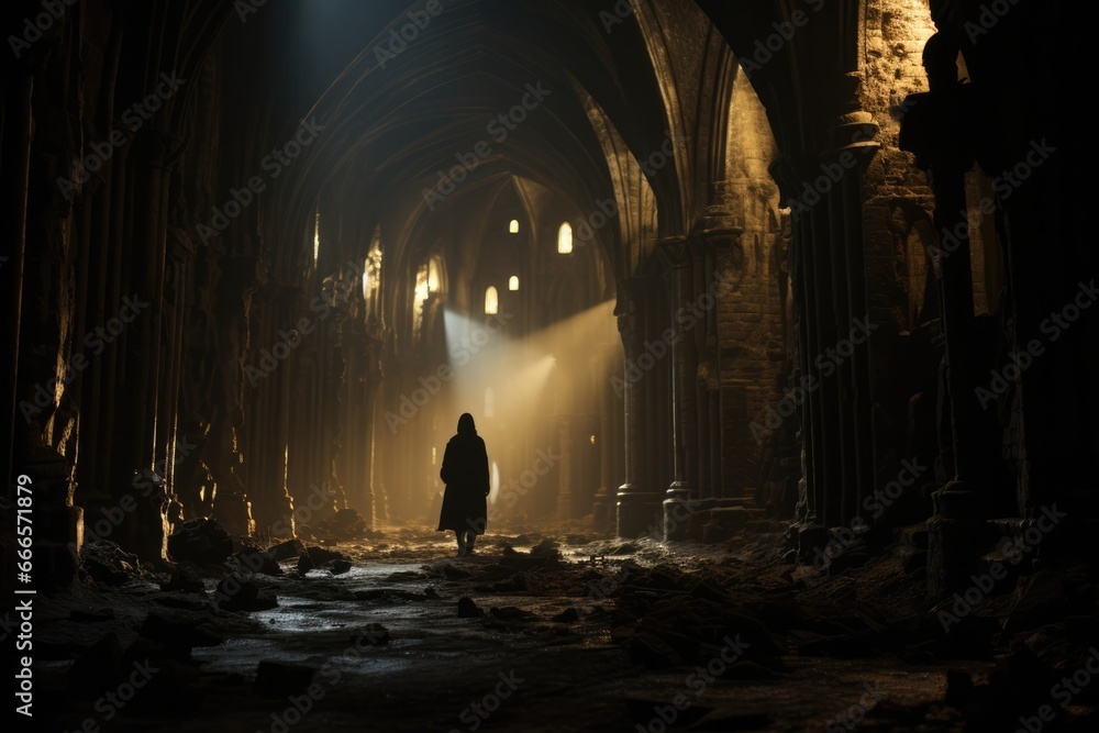 Ethereal shadows creeping in ancient labyrinth-like underground ...