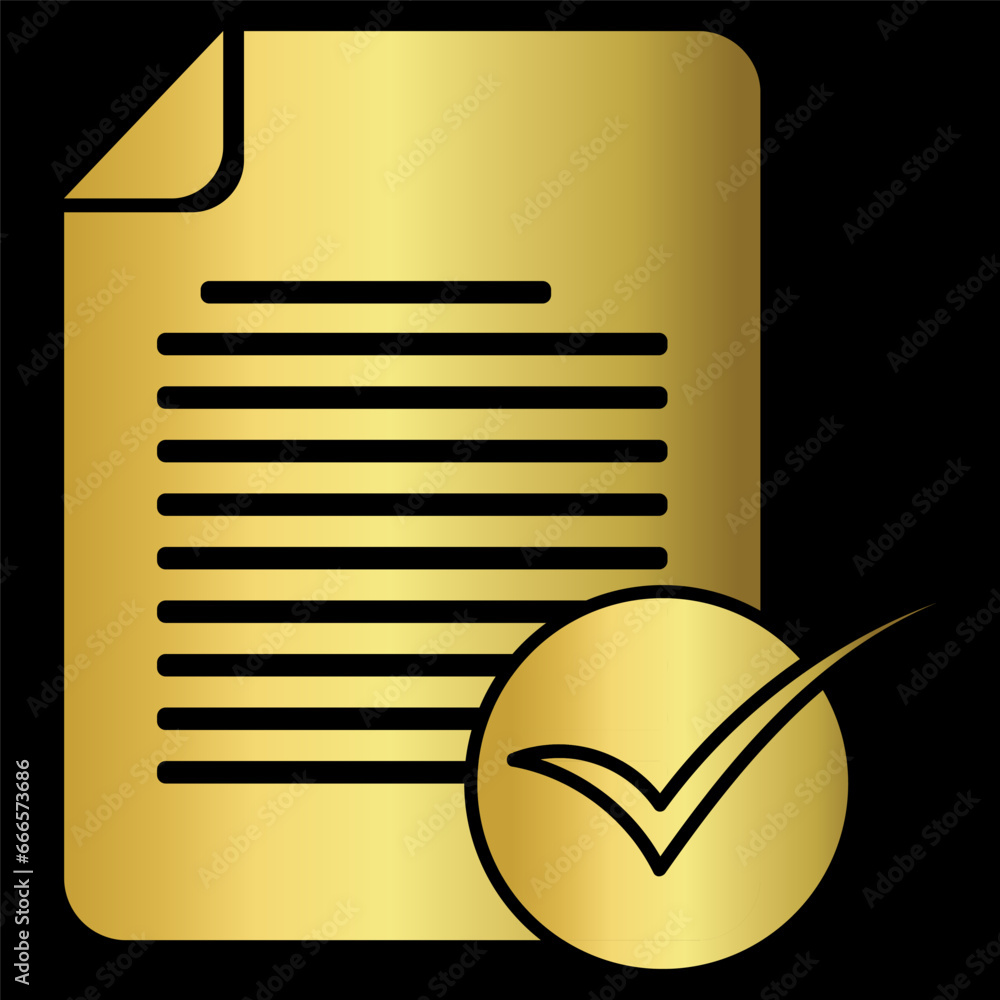 Golden document and gold check mark check mark checklist label Stock ...