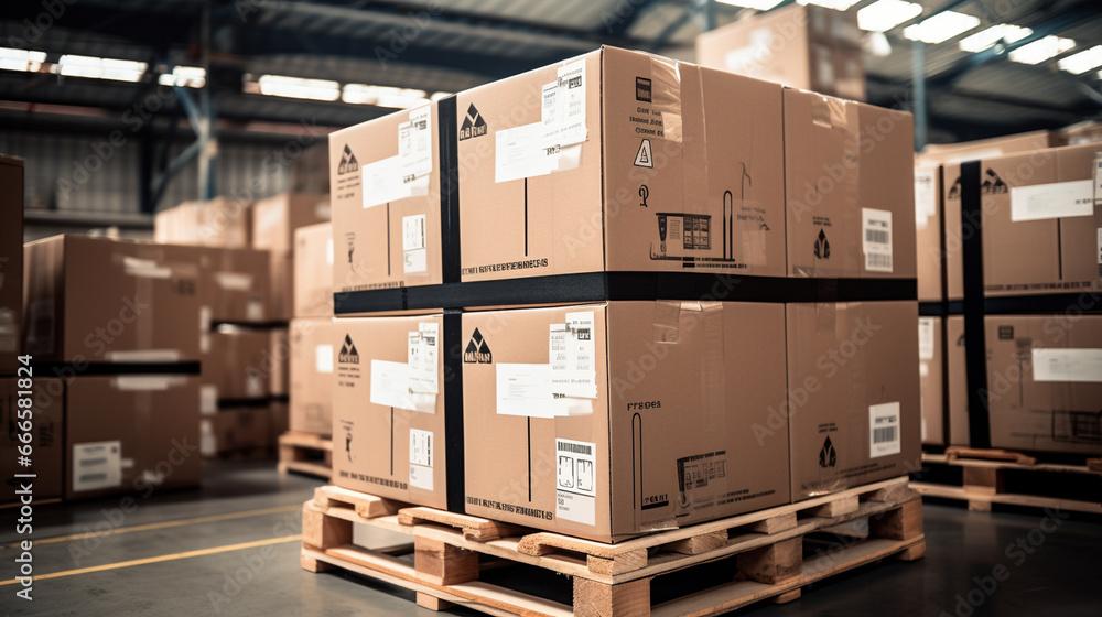 A close-up of a stack of boxes on a pallet, with barcodes and QR codes ...