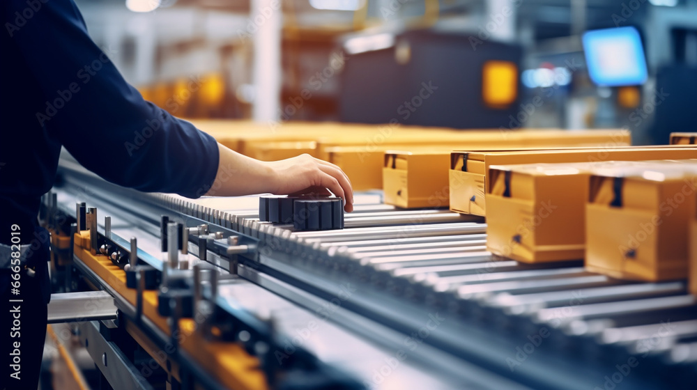 Hands of a skilled factory worker swiftly placing items into boxes on a ...