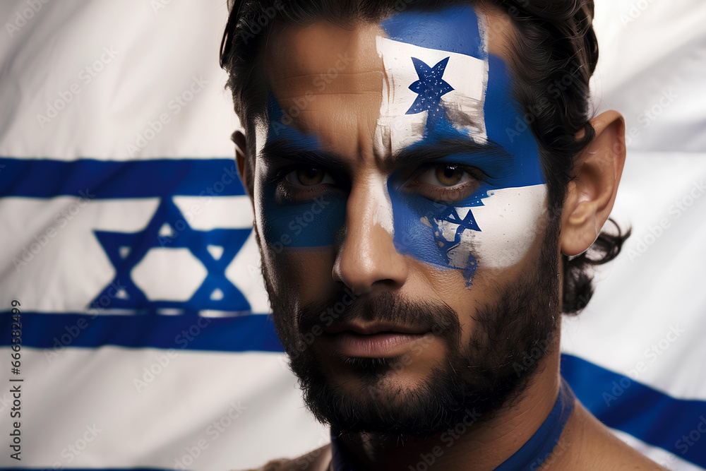 Portrait of Jewish man with face painted in the colors of the Israel ...