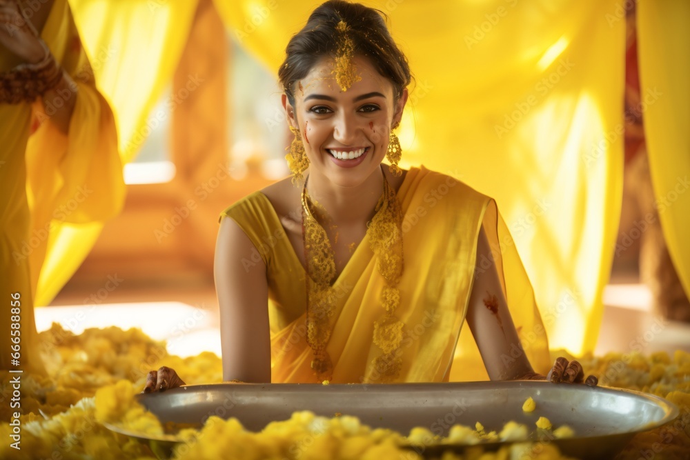 Haldi ceremony in an Indian wedding with bride covered in haldi Stock ...