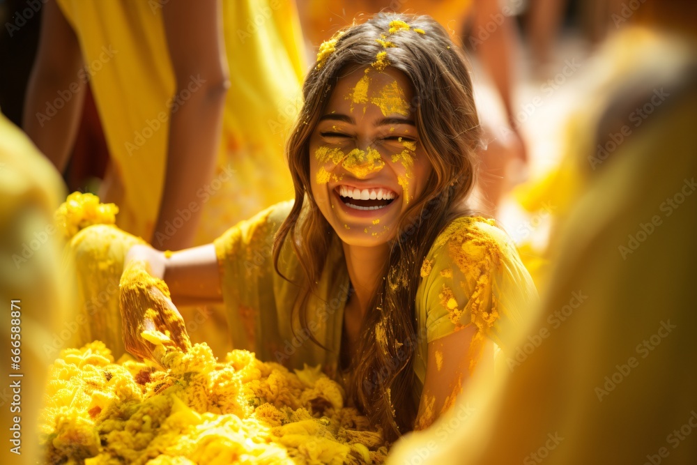 Haldi ceremony in an Indian wedding with bride covered in haldi Stock ...