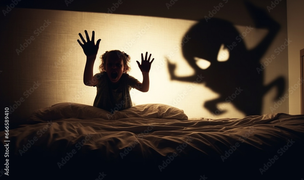 Monster in bedroom of child. Dark scary shadows. Fear of darkness ...