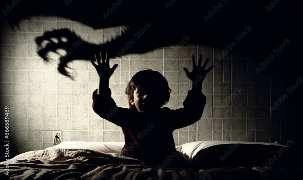 Monster in bedroom of child. Dark scary shadows. Fear of darkness ...