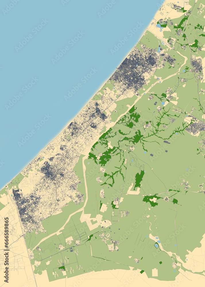 Map of Gaza strip, Israel, map and borders, reliefs and lakes. Streets ...