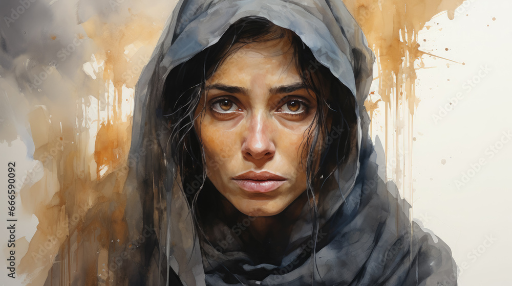 watercolor portrait of a young grieving Middle Eastern woman, black ...