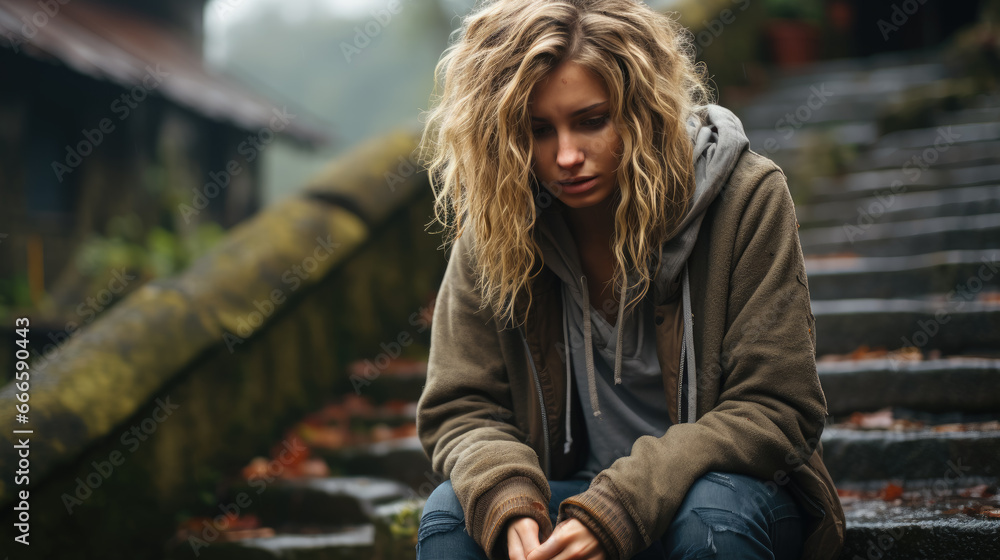 young european sad woman sitting on the stairs at home and crying ...